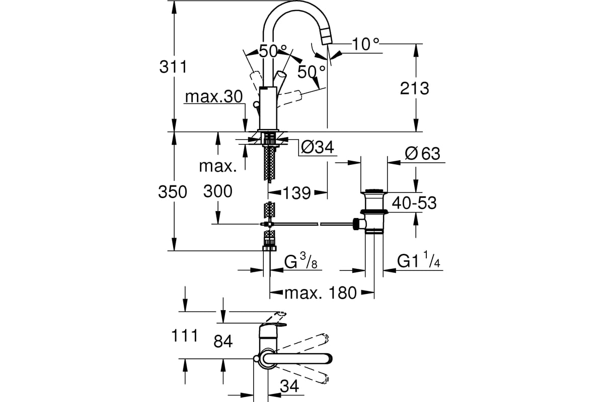 Смеситель для раковины GROHE Eurosmart, L-Size, хром 23537003 ...