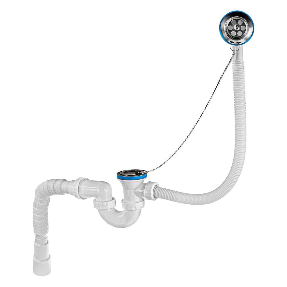 Сифон для ванны MasterProf прямоточный для выпуска 50 мм, с нерж.решеткой, переливом, пробкой и ...