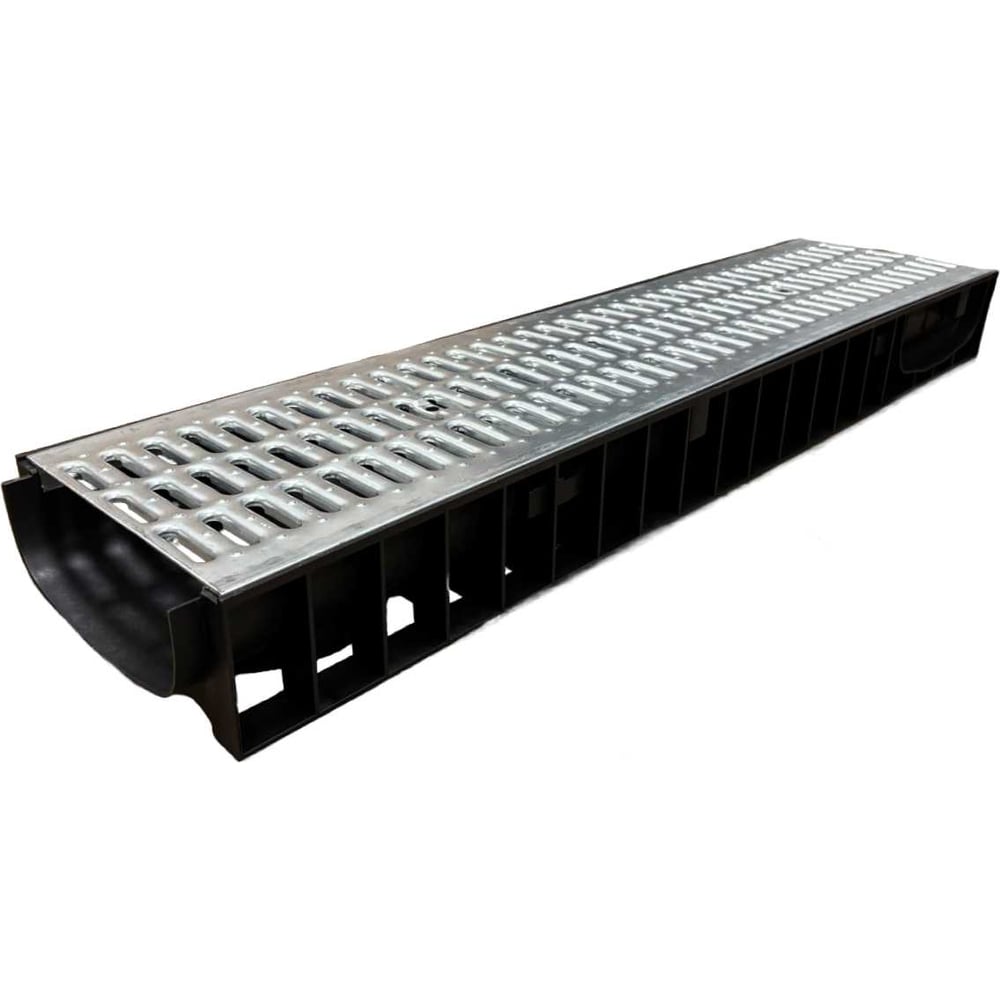 Пластиковый лоток Gidrolica dn200 h100 мм со штампованной оцинкованной решёткой и крепежом класс ...