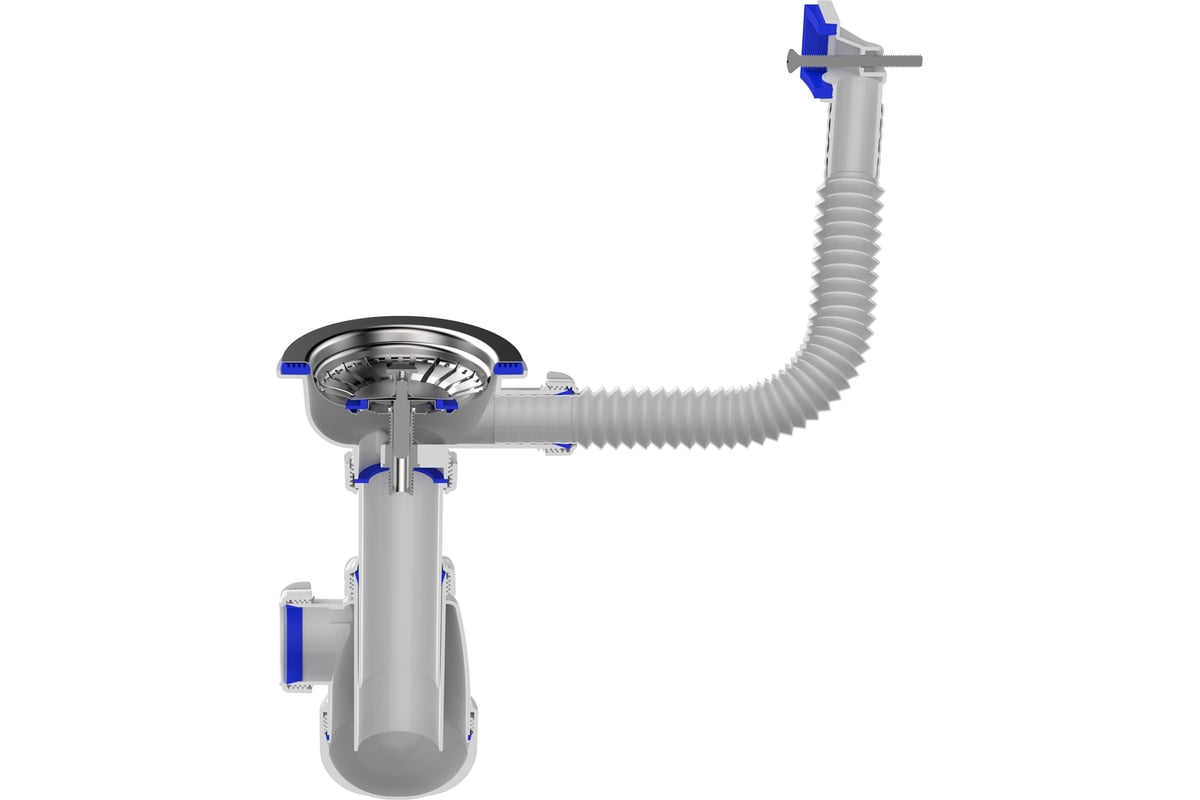 Сифон для мойки Aquant 3 1/2"х40 с мет.реш. с прямоуг. переливом B0145 ...