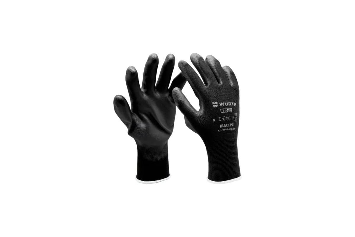 Перчатки сборщика Wurth Black PU р.9, нейлоновые, черные 0899402409961 ...