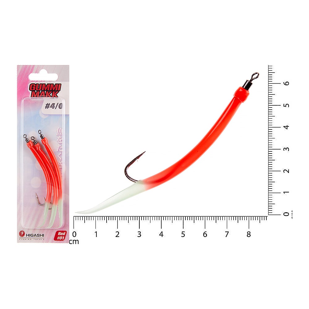 Крючок оснащенный кембриком HIGASHI Gummi Makk #4/0 (set-3pcs), #01 Red ...
