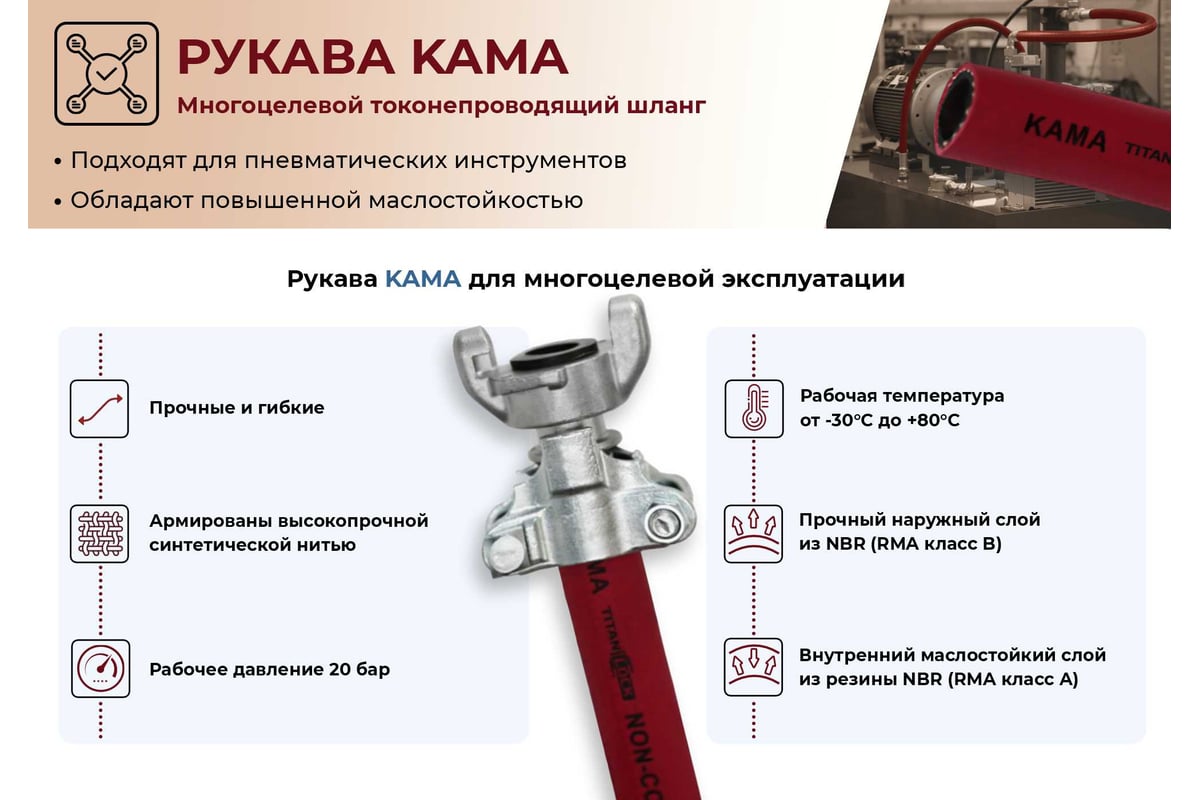 Рукав с нитяным усилением токонепроводящий TITAN LOCK «KAMA» 20 Бар, d ...