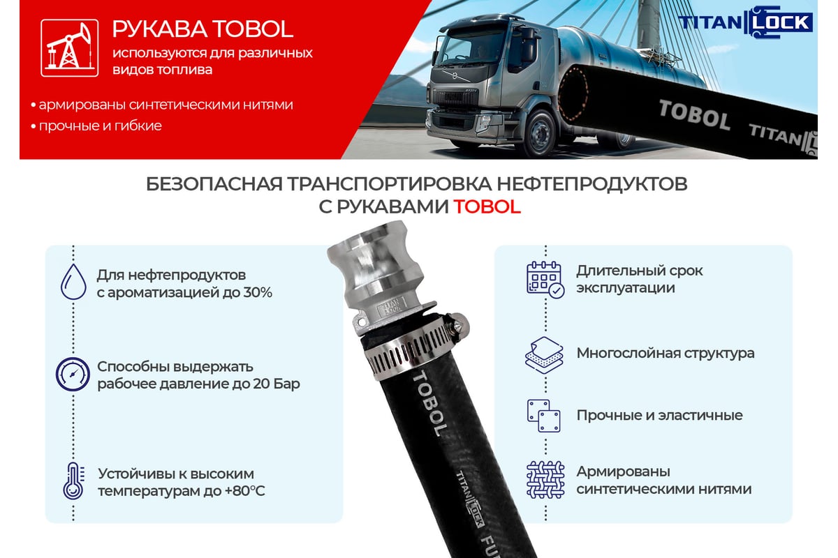 Маслобензостойкий напорный рукав TITAN LOCK TOBOL 20 Бар, внутренний ...