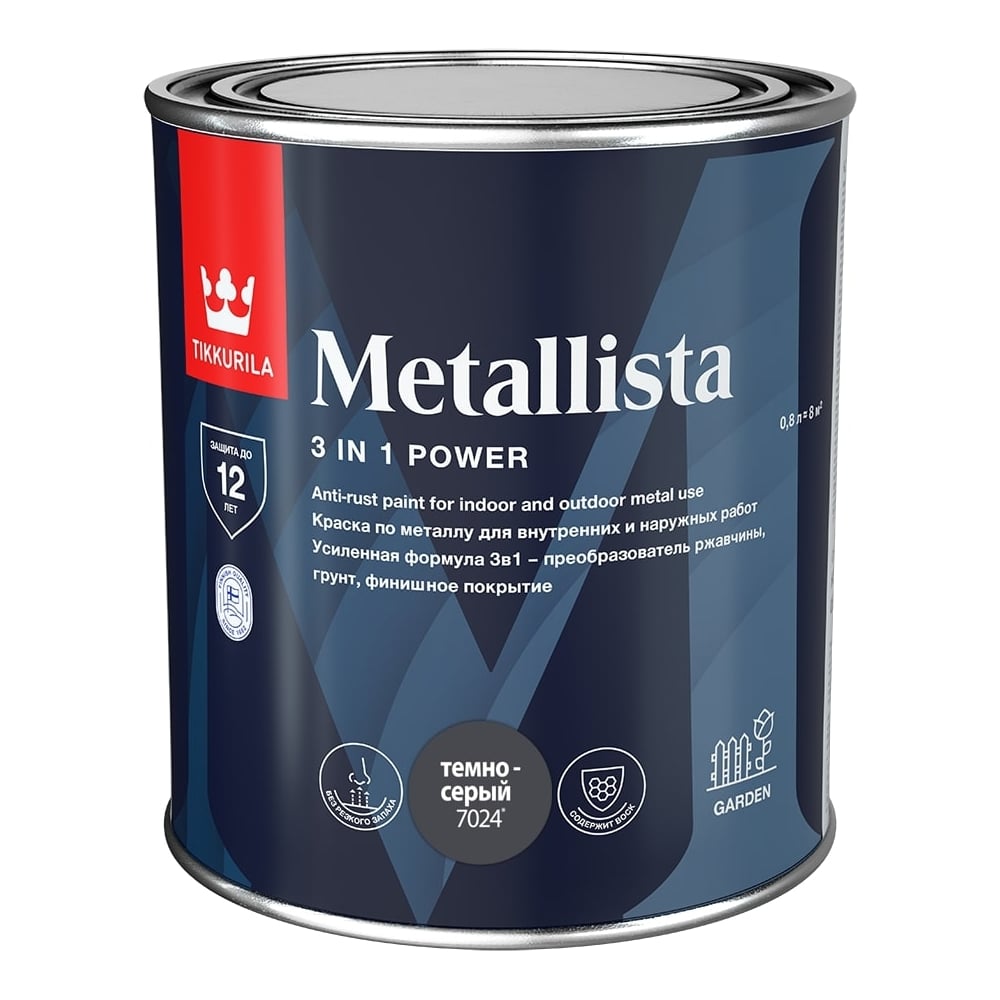 Краска по ржавчине Tikkurila METALLISTA серая/темно-серая, гладкая, 0.8 ...