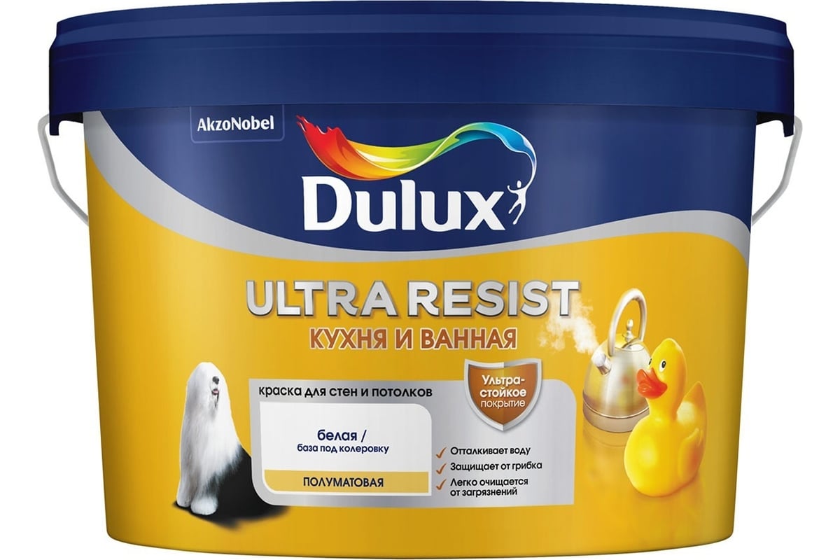 Краска Dulux Ultra Resist кухня и ванная, полуматовая, BC, 4,5 л ...