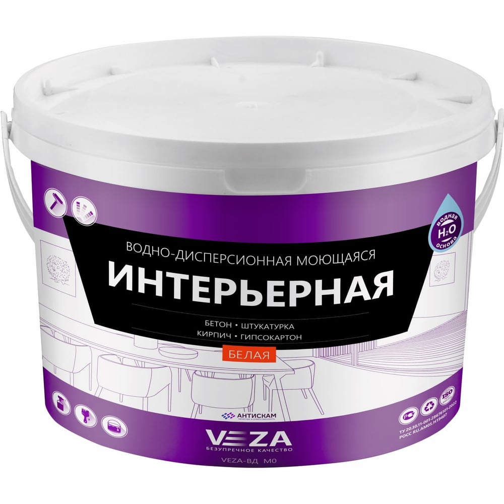 Интерьерная акриловая водно-дисперсионная моющаяся краска Veza 05ВДМО ...