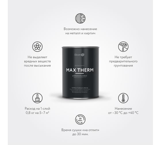 Термостойкая краска для металла, печей, мангалов, радиаторов, дымоходов, суппортов Elcon Max ...