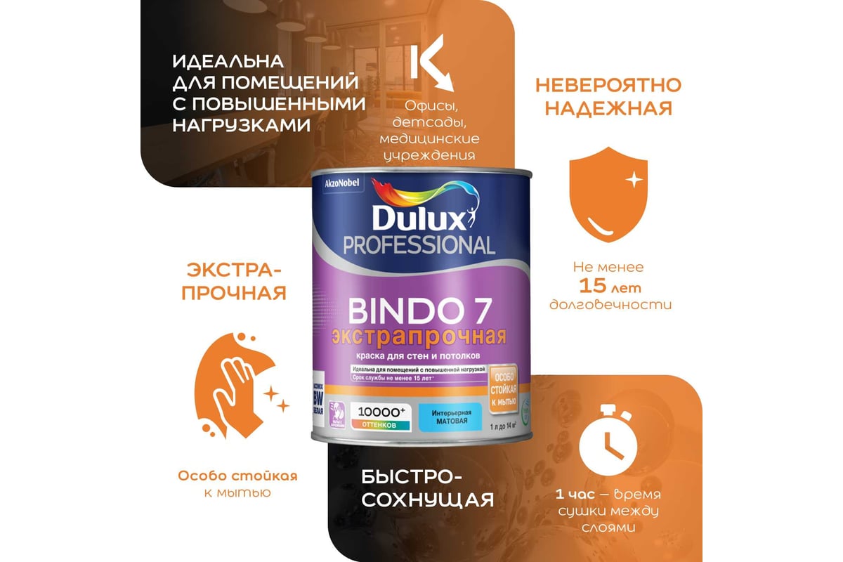 Краска для стен и потолков DULUX BINDO 7, износостойкая, матовая, белая ...
