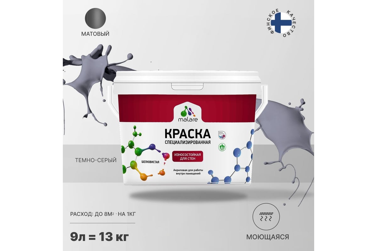 Износостойкая краска MALARE Professional для стен и обоев, темно-серый, 9 л 2036766434375 ...