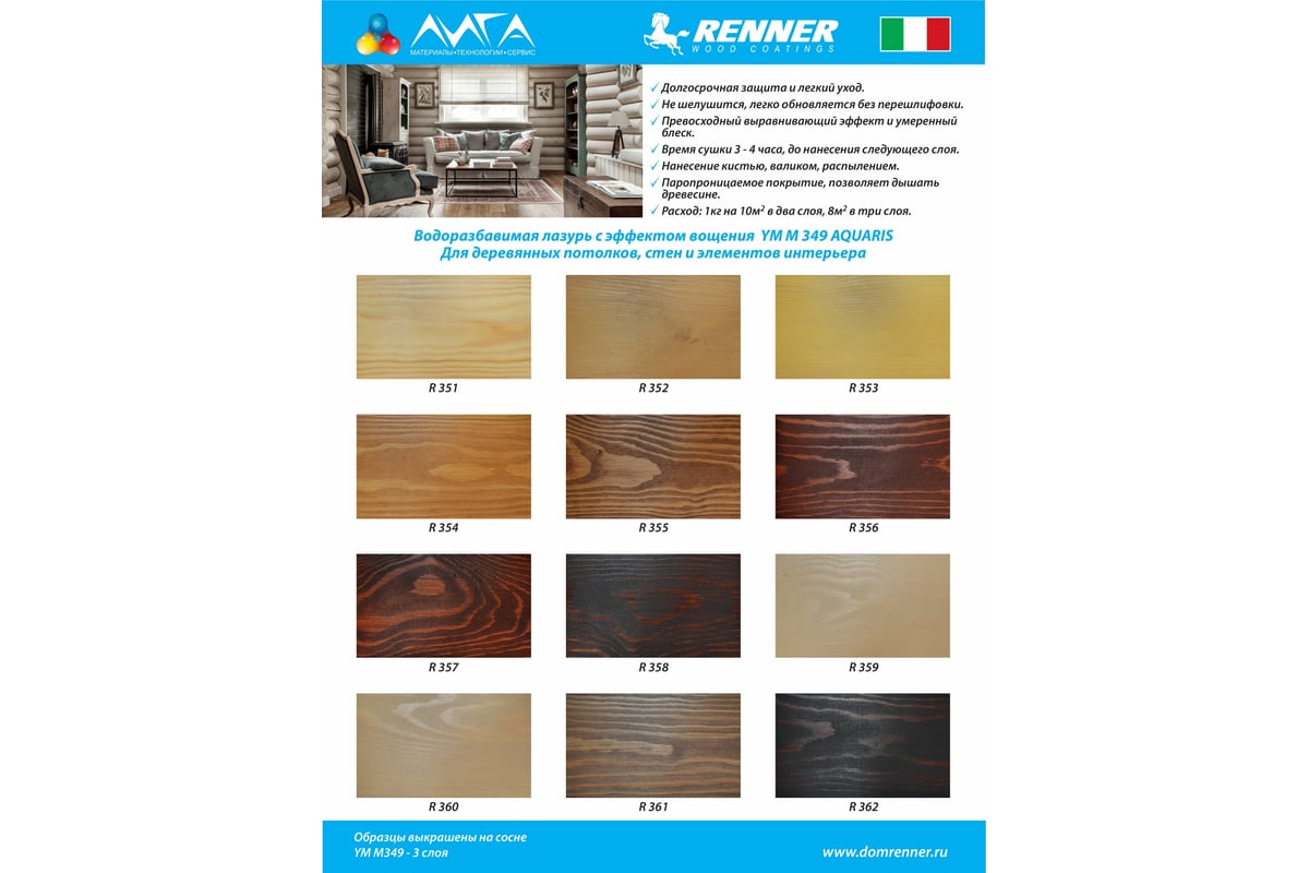 Интерьерная лазурь для дерева RENNER YM M349 R354 5 кг 5-354 - выгодная ...