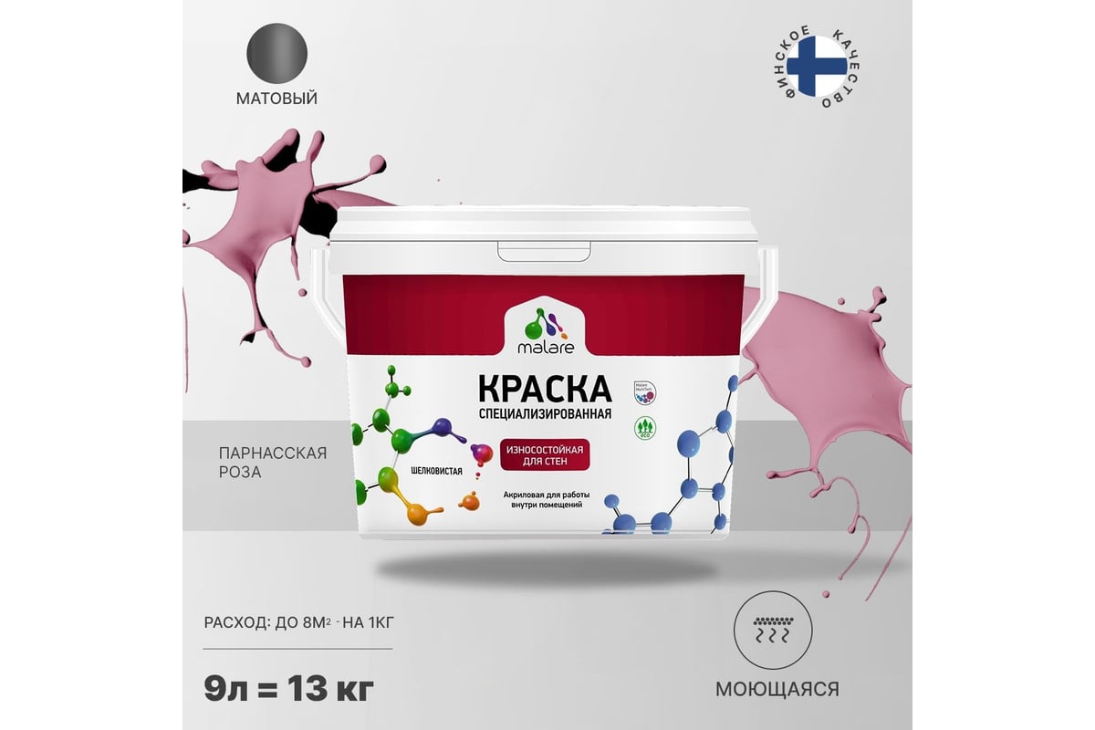 Износостойкая моющаяся краска MALARE Professional для стен и обоев ...
