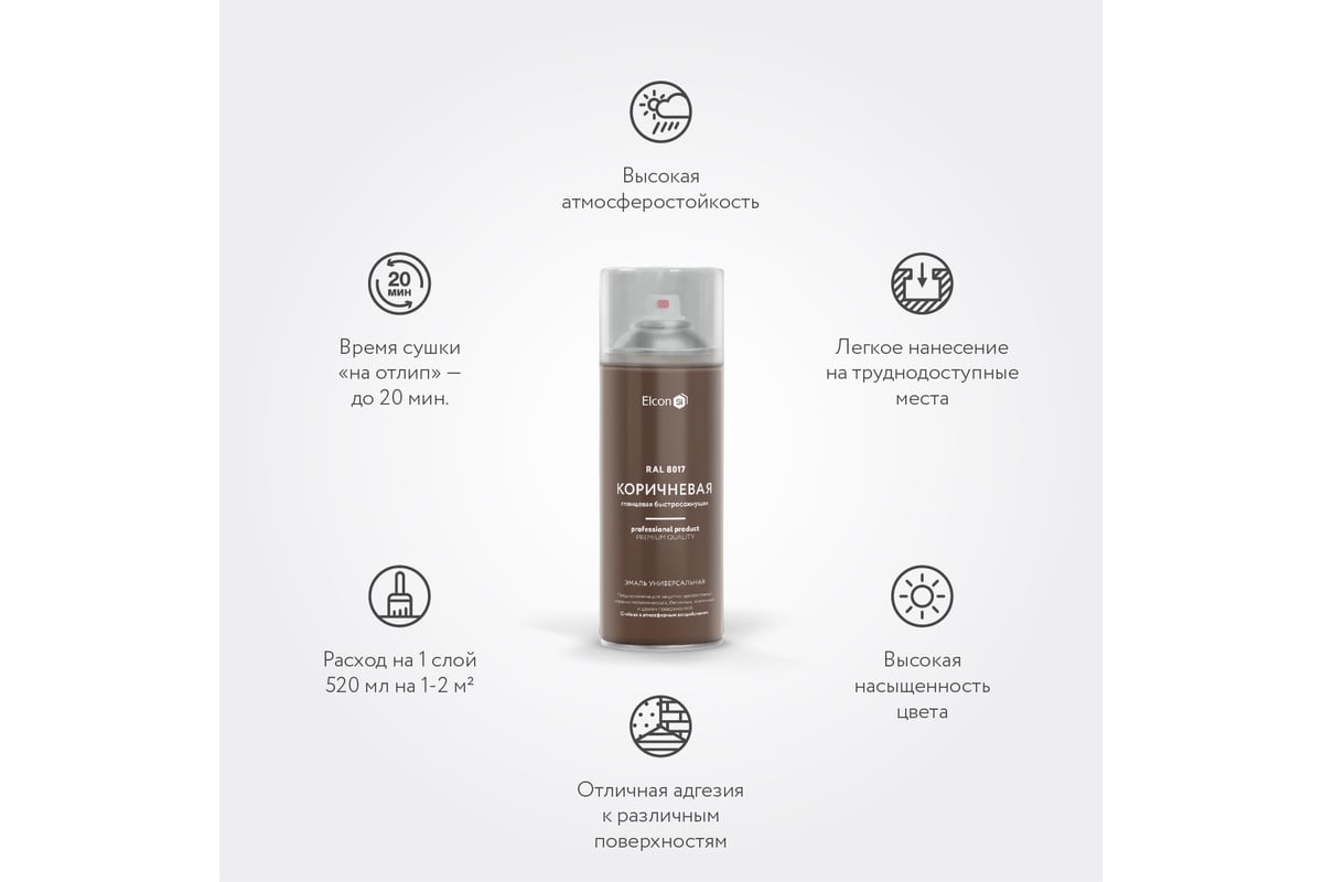 Универсальная акриловая эмаль Elcon RAL 8017 коричневая, быстросохнущая, глянцевая, аэрозоль ...