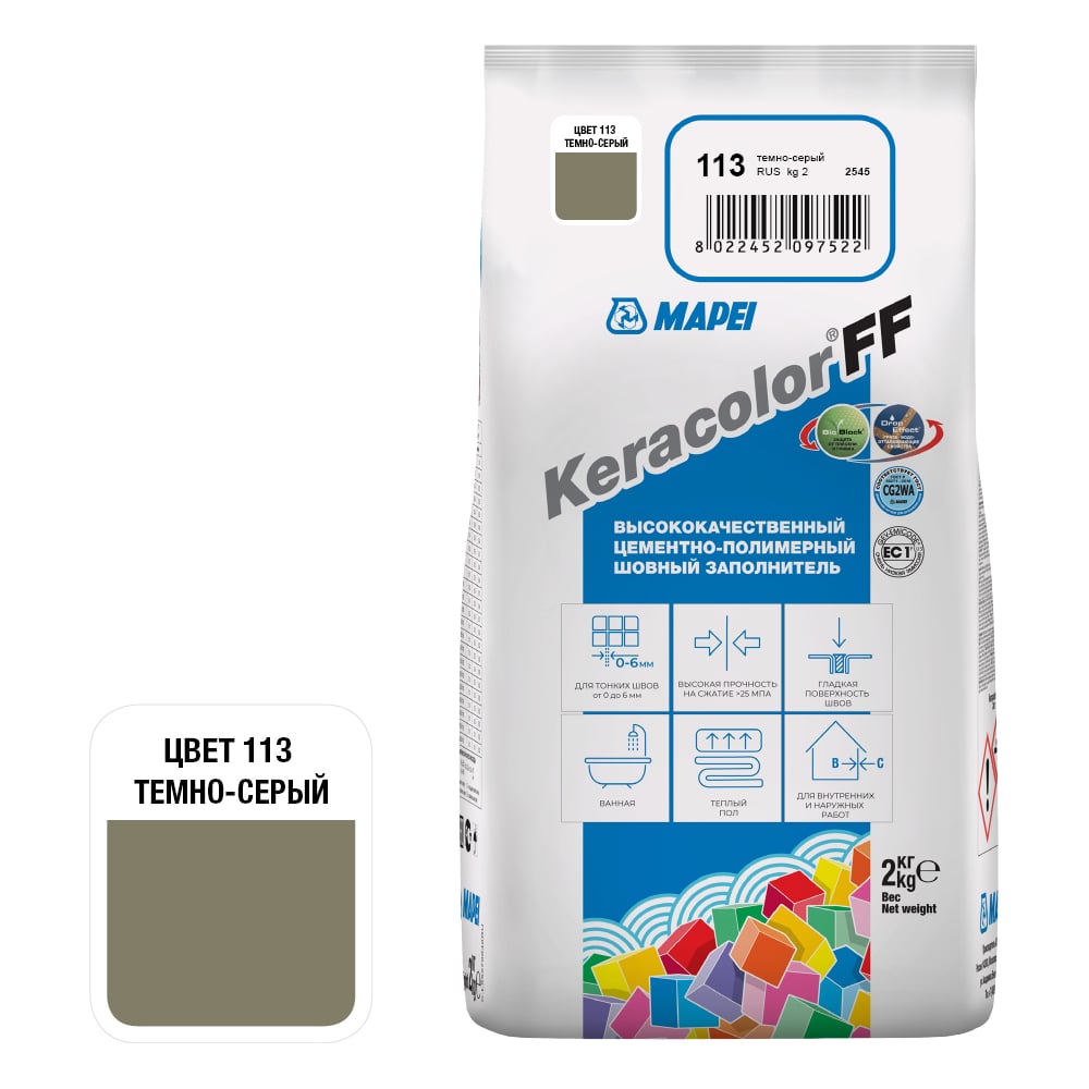 Затирка MAPEI KERACOLOR FF № 113/2кг (Тёмно-серый) 5QA011302A - выгодная цена, отзывы ...