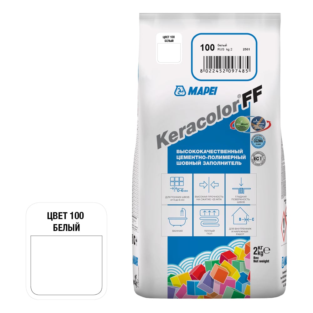 Затирка MAPEI KERACOLOR FF № 100/2кг (Белый) 5QA010002A - выгодная цена, отзывы, характеристики ...