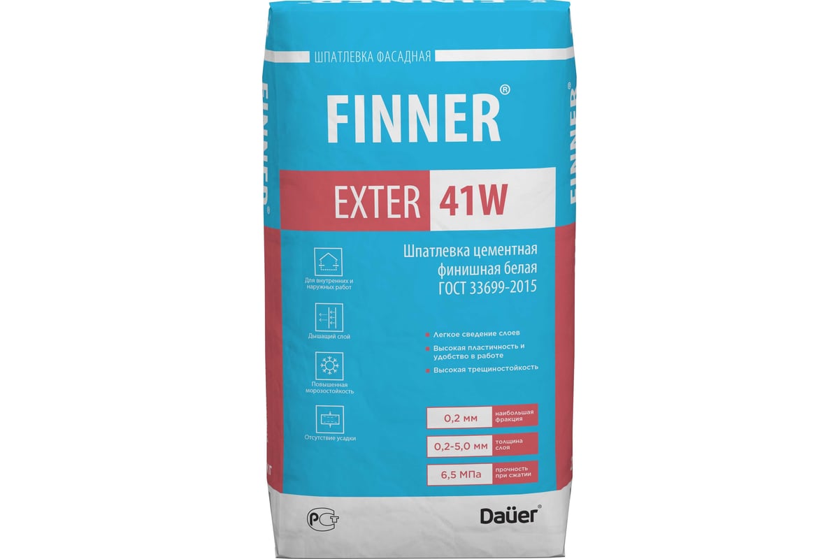 Цементная финишная шпатлевка Dauer finner exter 41w белая, 20 кг 31652 ...