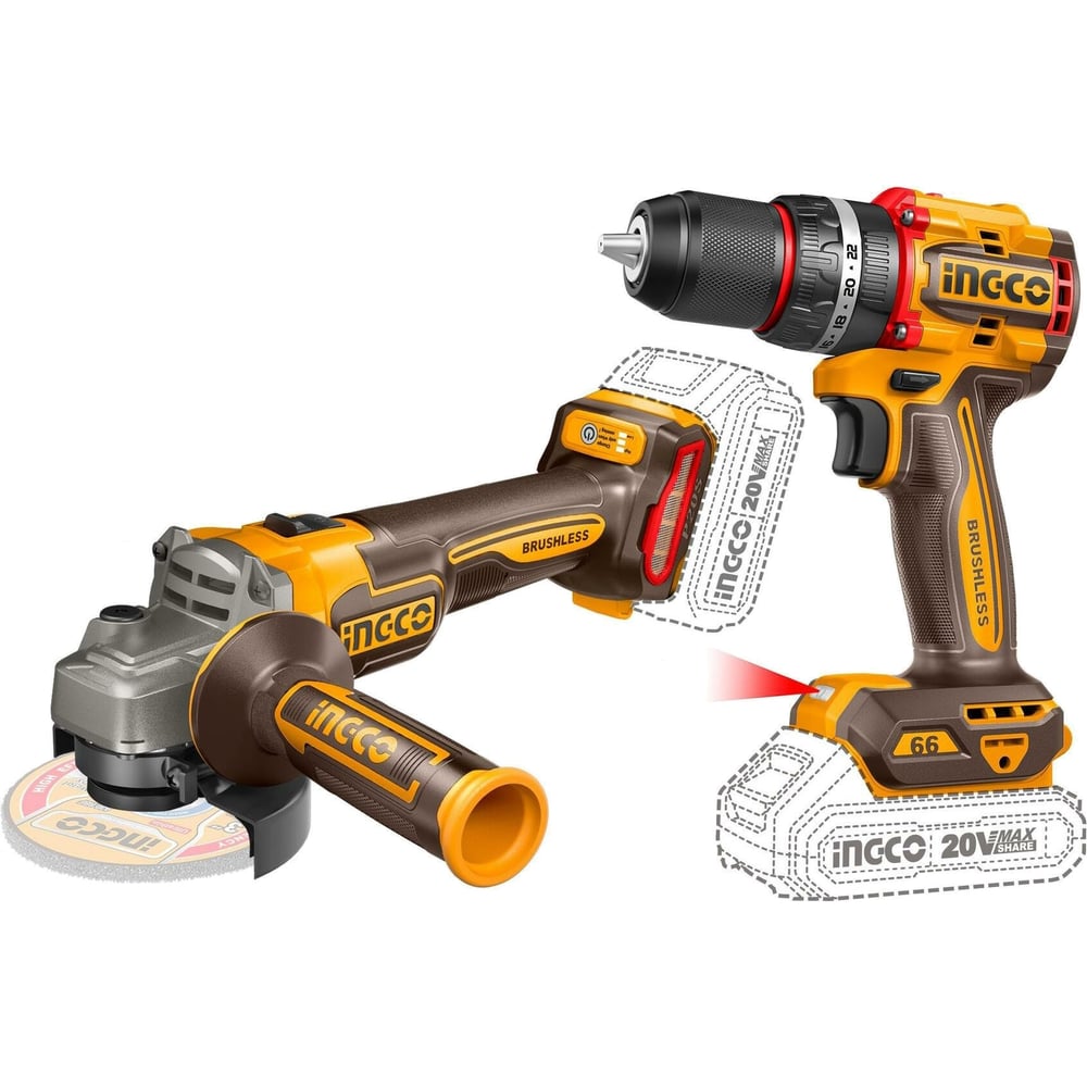 Набор INGCO 20В, BL шуруповерт 66Нм и УШМ 115/125 мм SUPER INDUSTRIAL ...