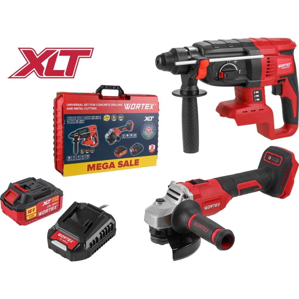 Набор аккумуляторного инструмента WORTEX ALL1 XLT SET: перфоратор + ушм, в чемодане 956622 ...