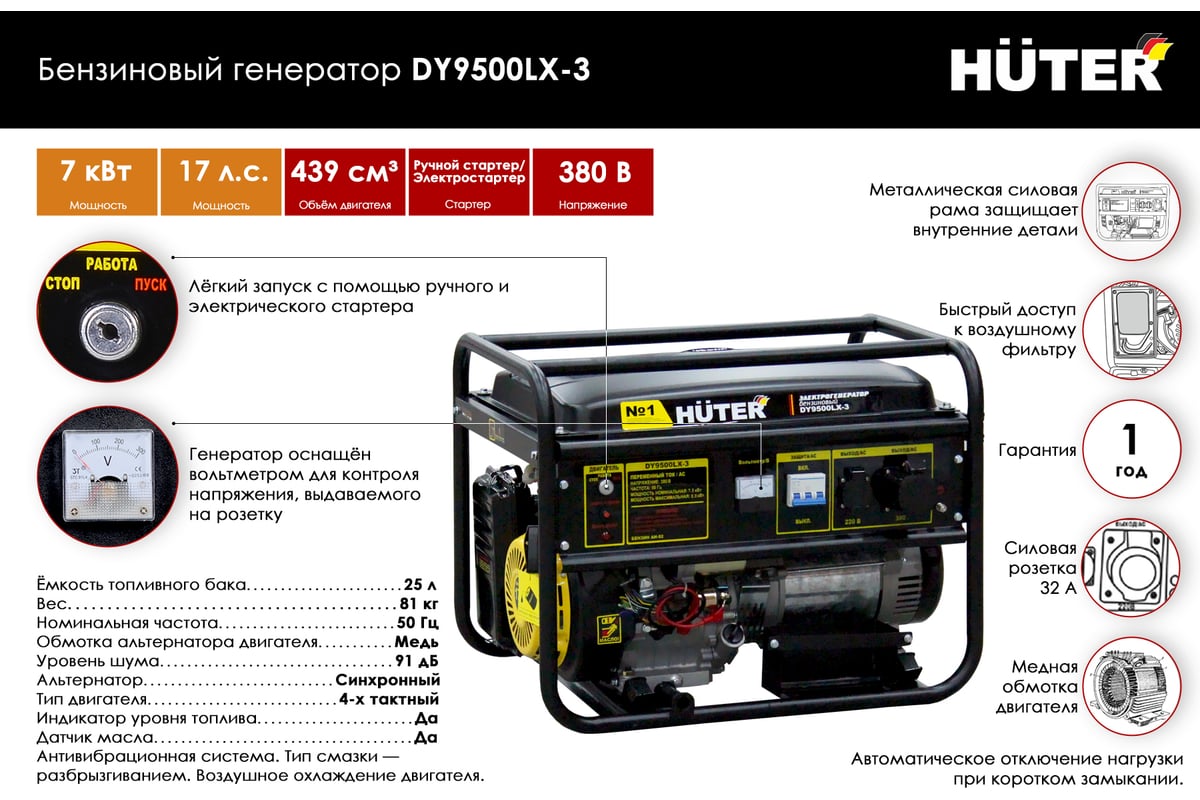 Электрогенератор Huter DY9500LX-3 64/1/41 - выгодная цена, отзывы, характеристики, 2 видео, фото ...
