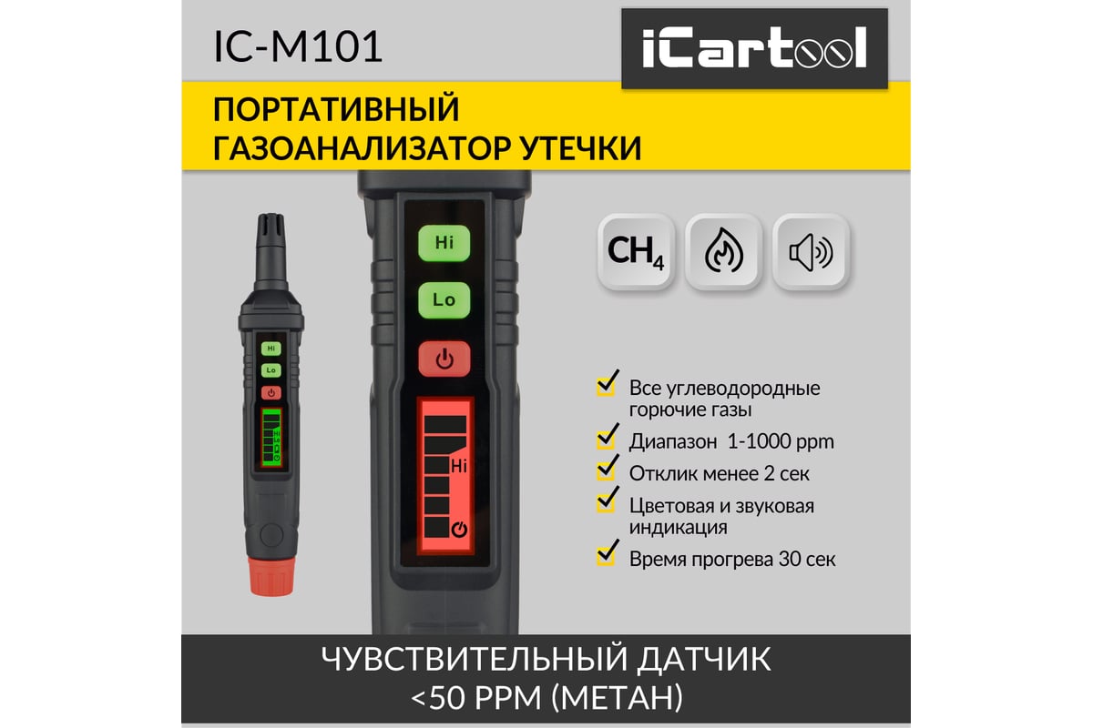 Цифровой портативный детектор утечки взрывоопасных газов iCarTool 0-1000 ppm IC-M101 - выгодная ...