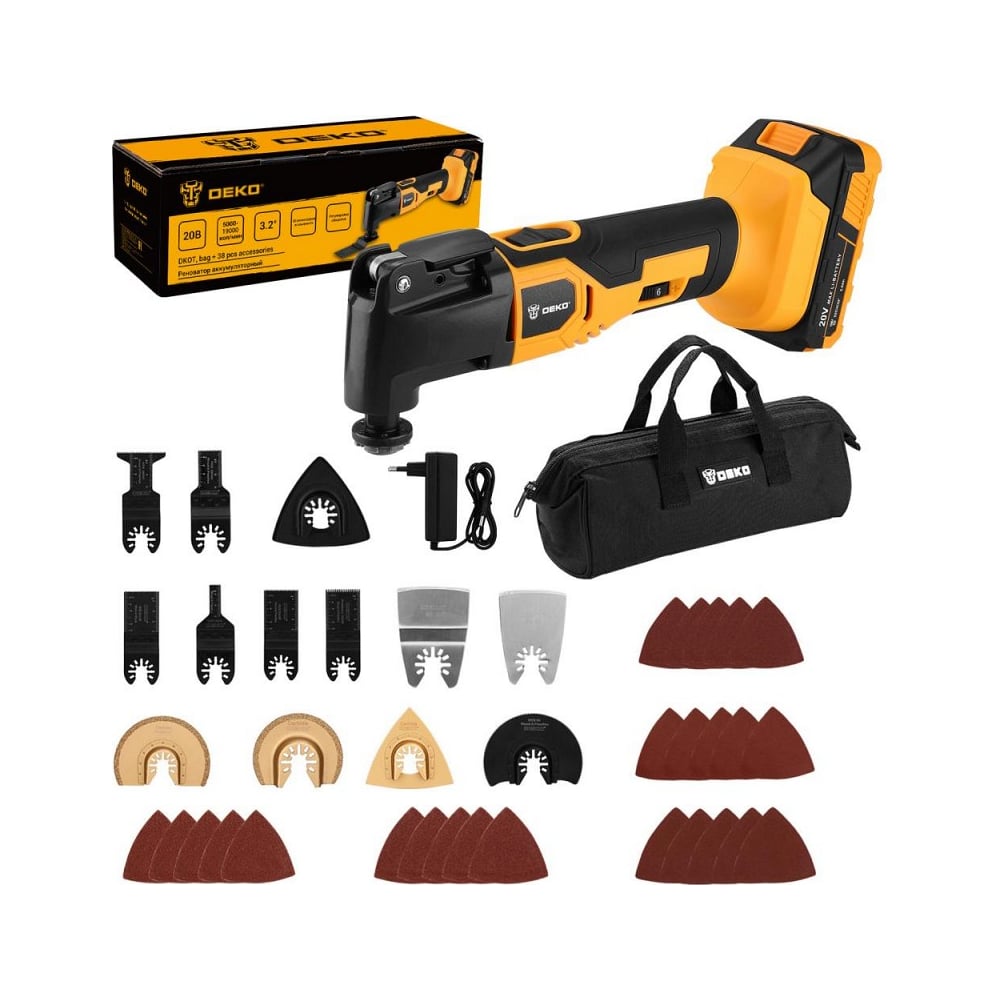 Реноватор DEKO DKOT в сумке + набор предметов 38 шт, 20В, 1_2.0Ач, з/у ...