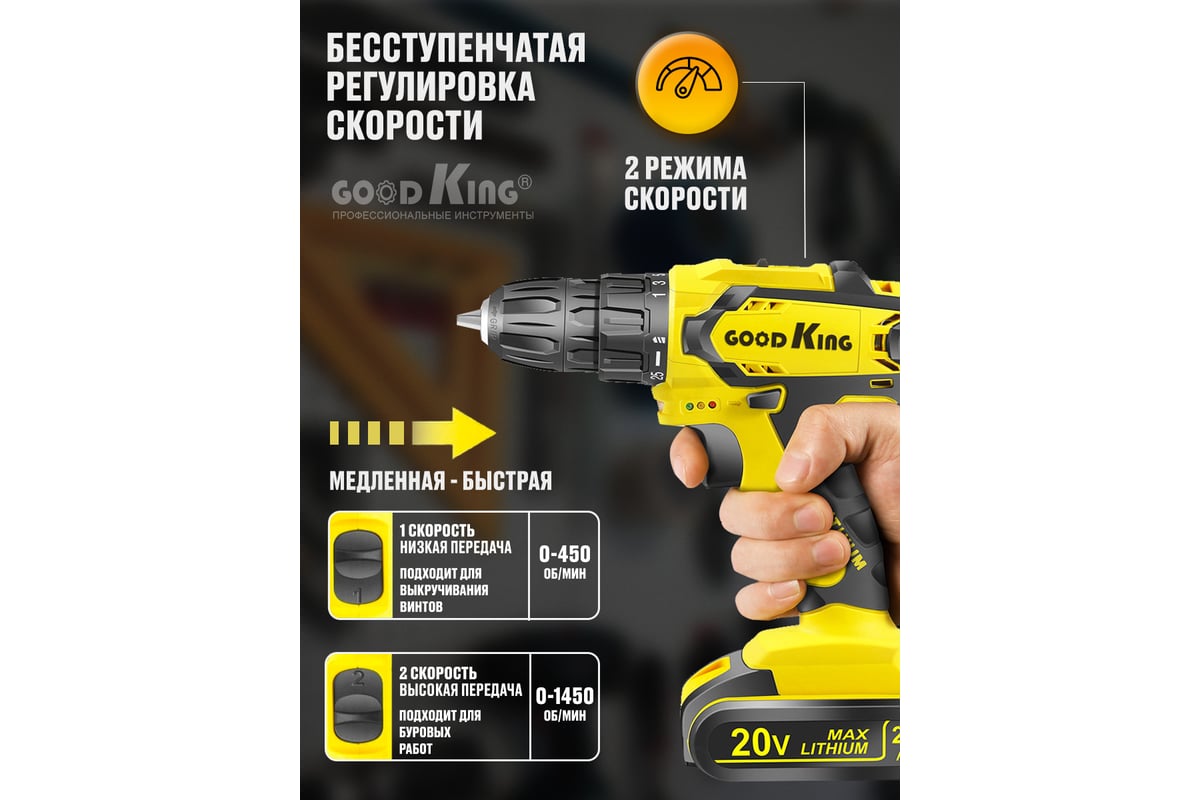 Дрель-шуруповерт GOODKING от аккумулятора, 20 В, 30 Нм, 2 АКБ EC ...