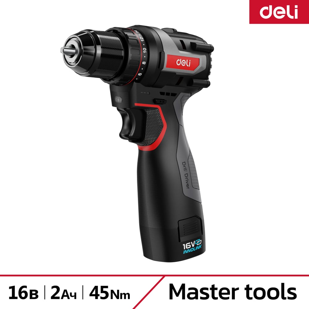Дрель-шуруповерт аккумуляторная DELI DE-DZ16-1D2 (2 акб, 16В х 2Ач, ЗУ, 45Нм, сумка) 163688 ...