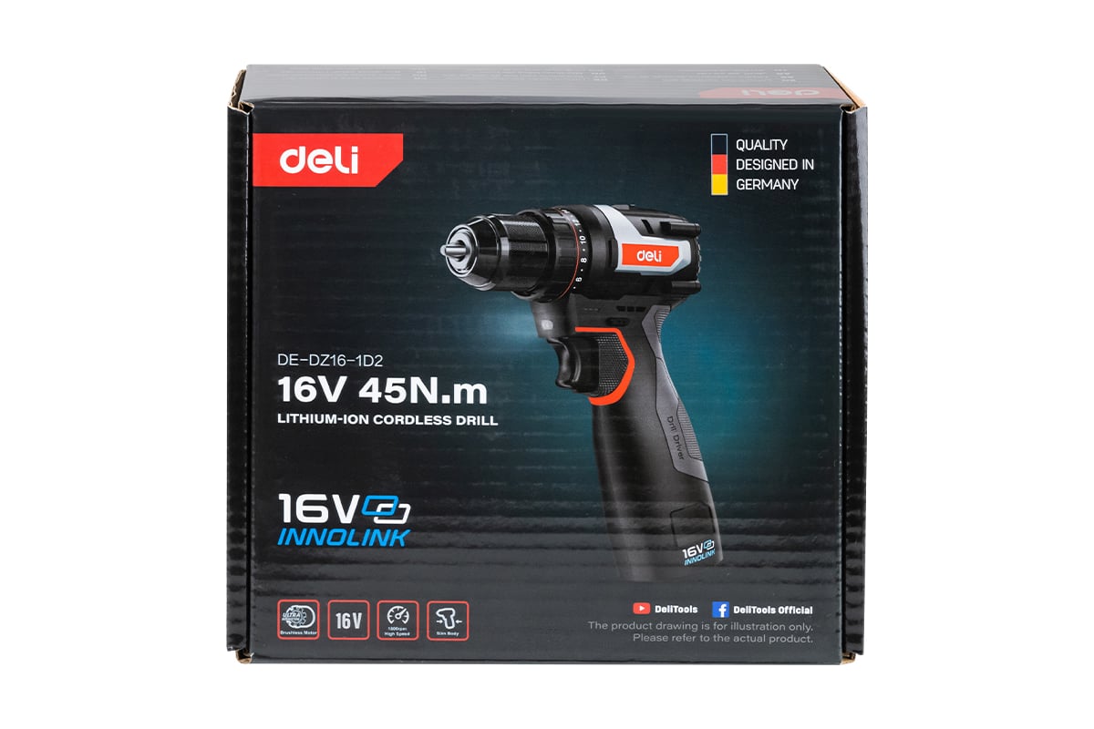Дрель-шуруповерт аккумуляторная DELI DE-DZ16-1D2 (2 акб, 16В х 2Ач, ЗУ, 45Нм, сумка) 163688 ...