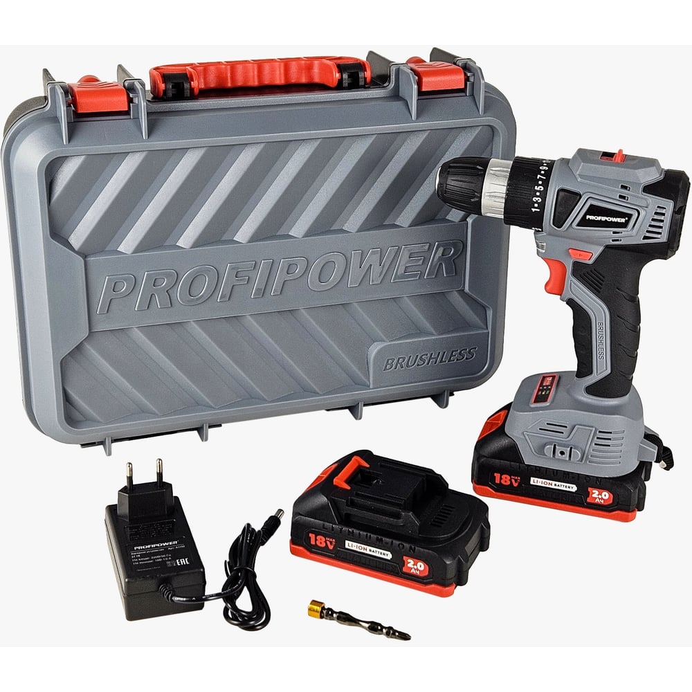 Аккумуляторный бесщеточный шуруповерт Profipower MKBL-18BT 18В,Li-ion-2шт, 2,0Ач, 0,8-10мм,40нм ...