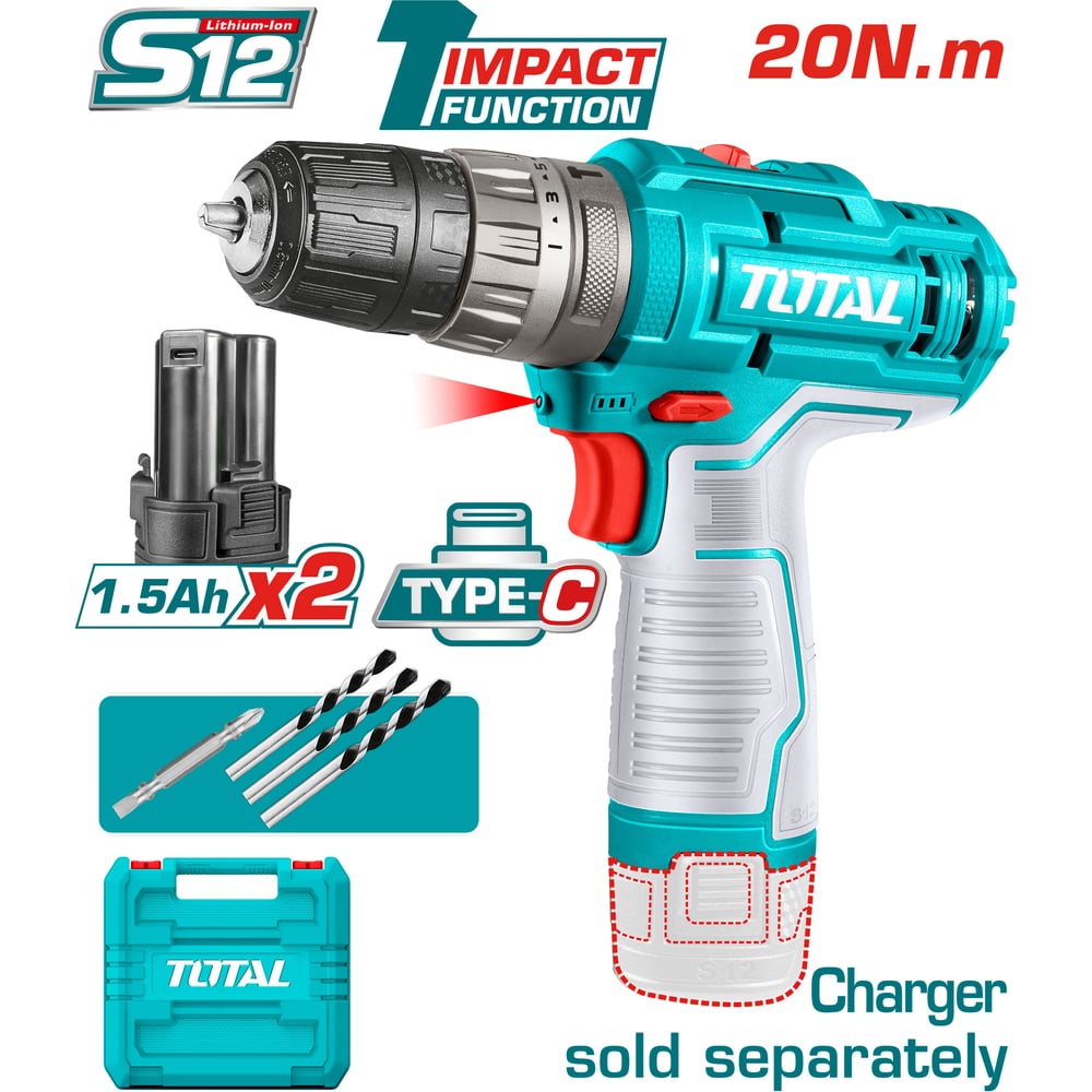 Аккумуляторная дрель-шуруповерт 12В 20Нм TOTAL TIDLI12202 - выгодная ...