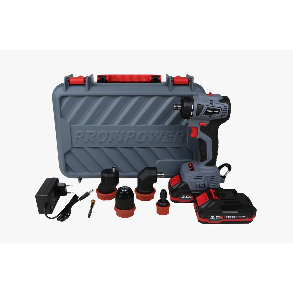 Аккумуляторный бесщеточный шуруповерт со сменными насадками Profipower MKBL-18BM (18В, 45Нм, Li ...