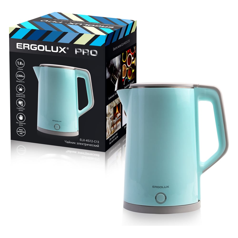 Чайник Ergolux Elx-ks12-c13 голубой pro нержавеющая сталь/пластик, 1.8 ...