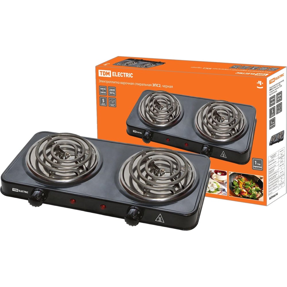 Двухконфорочная электроплитка TDM ЭПС2 230 В, 2х1 кВт, спираль, черная ...