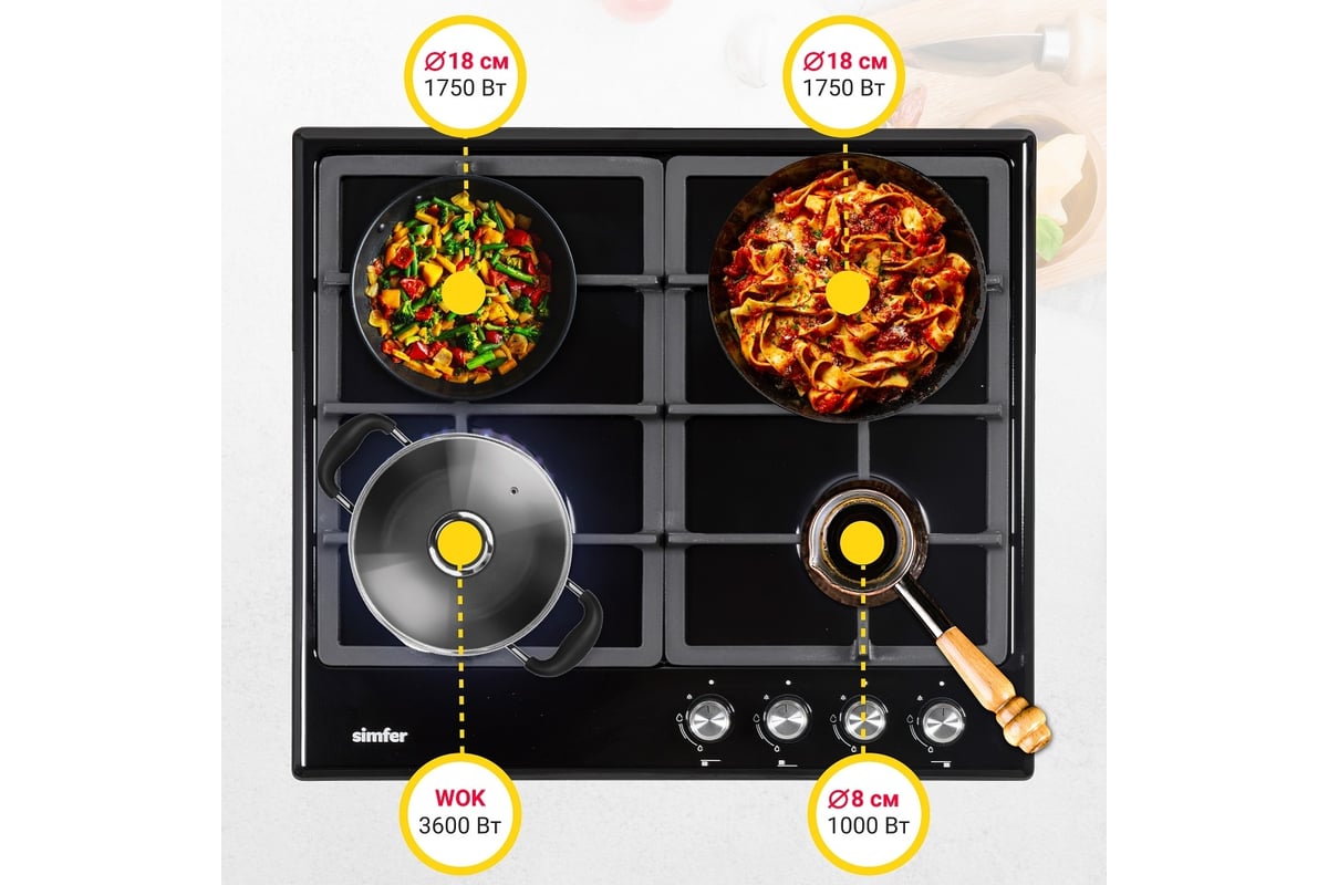 Газовая варочная поверхность Simfer газ-контроль, WOK конфорка H60V41B516 - выгодная цена ...