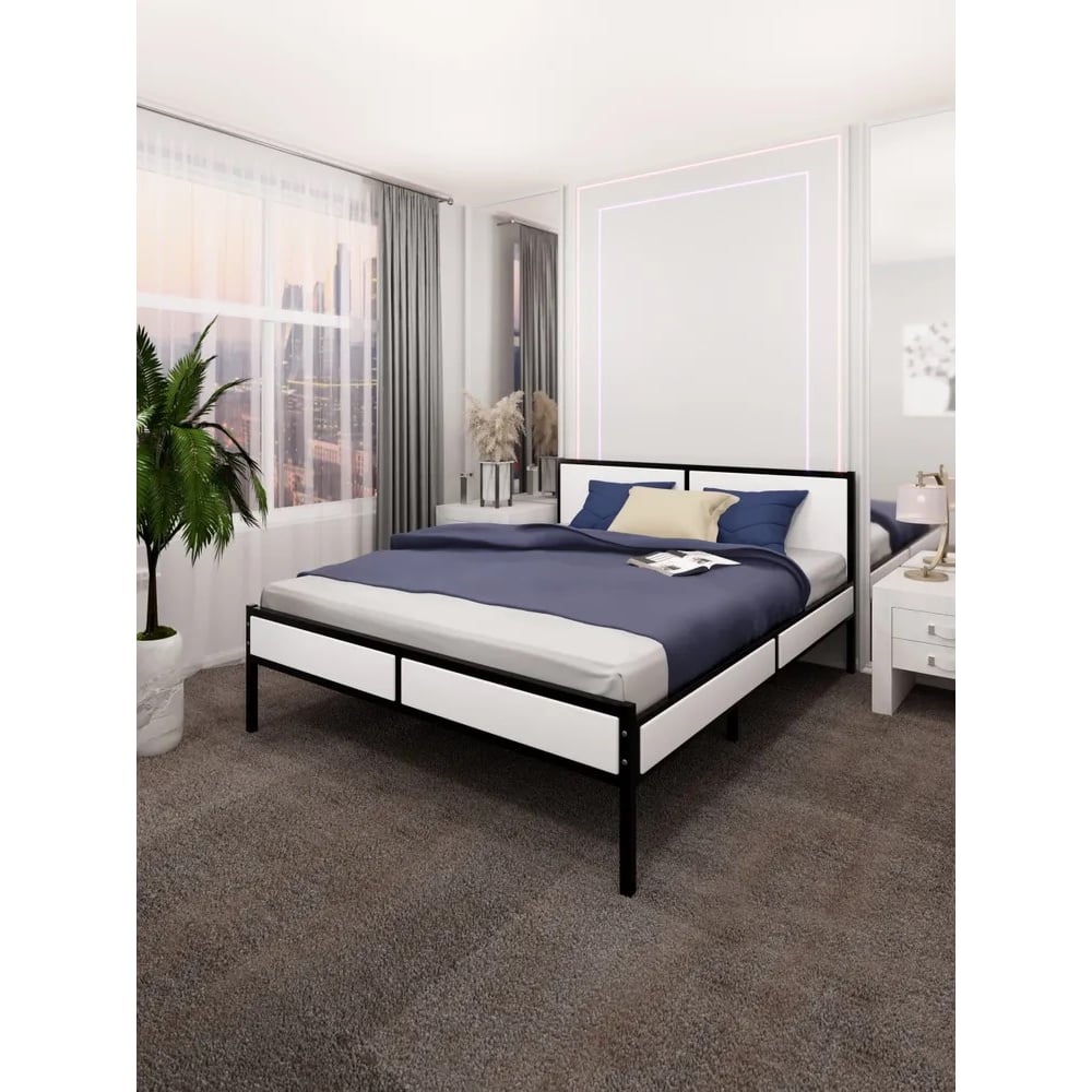 Кровать двуспальная Solarius Лофт с ортопедическим основанием, цвет белый с черным металлическим ...