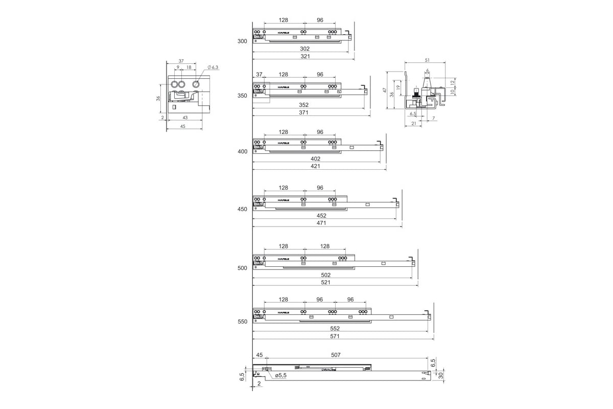 Направляющие Hafele Matrix runners UM A30 полного выдвижения, 16-19 мм ...