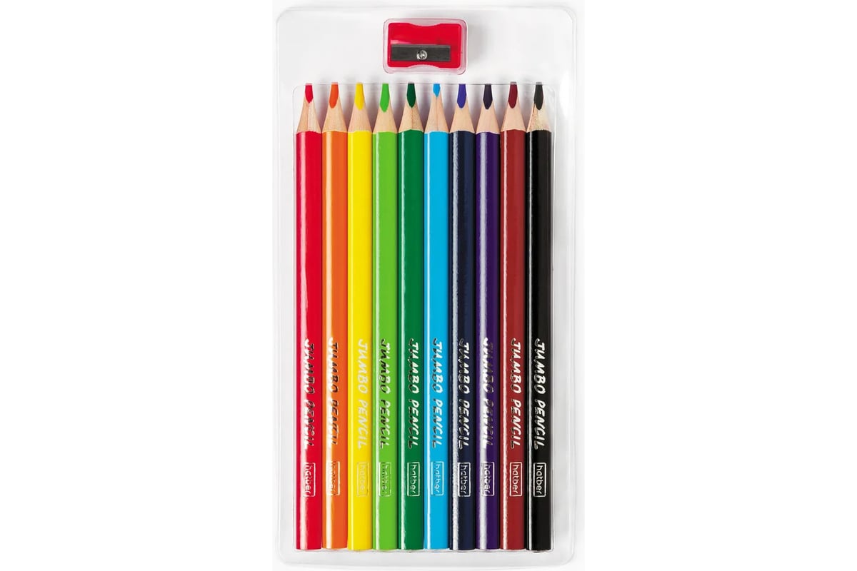Карандаши Hatber утолщенный трехгранный корпус, 10 цв., JUMBO, с точилкой, 1 шт. 065504 ...