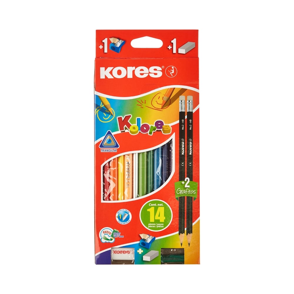 Цветные карандаши Kores 12 цветов, трехгранные, с точилкой и ластиком ...