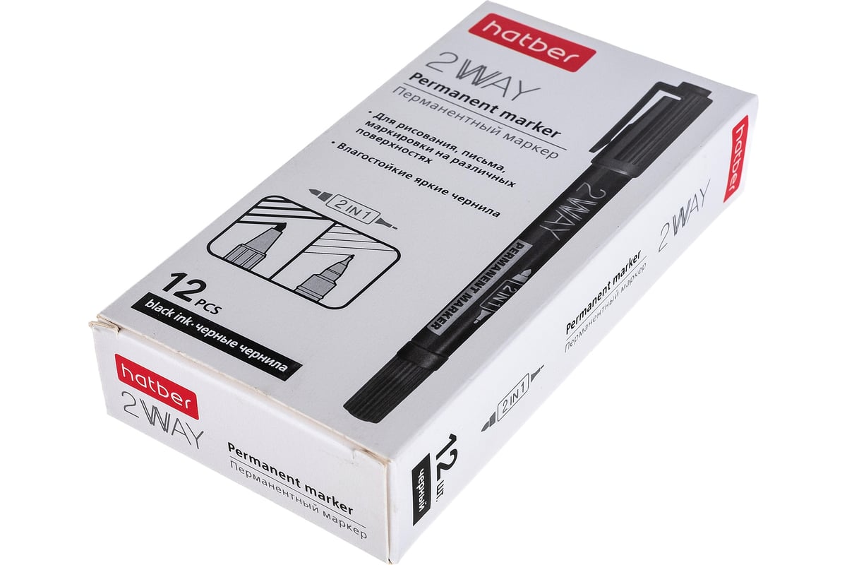 Перманентный маркер Hatber 2WAY двухсторонний 1 мм/0.5 мм закругленный, упак. 12 шт. 60847 ...