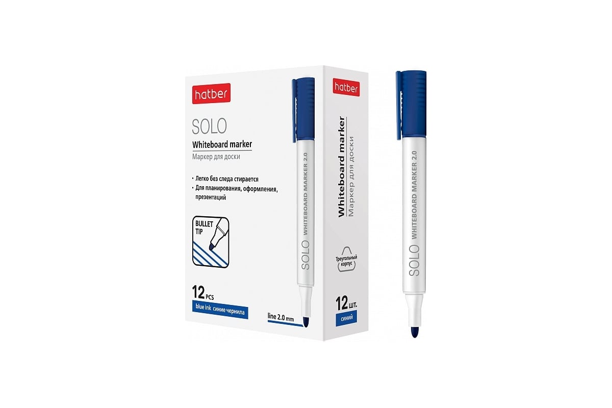 Маркер для магнитно-маркерных досок Hatber Solo закругленный, пишущий, упак. 12 шт 064562 ...