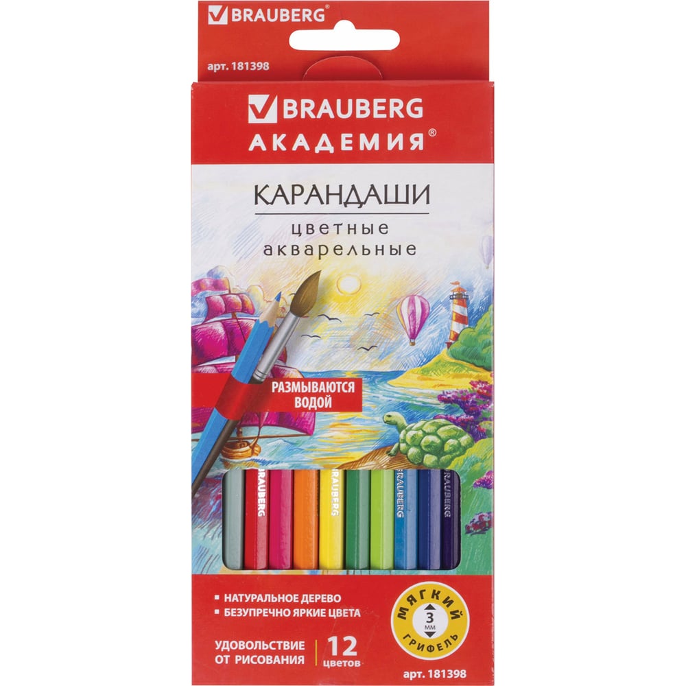 Акварельные цветные карандаши BRAUBERG АКАДЕМИЯ, 12 цветов ...