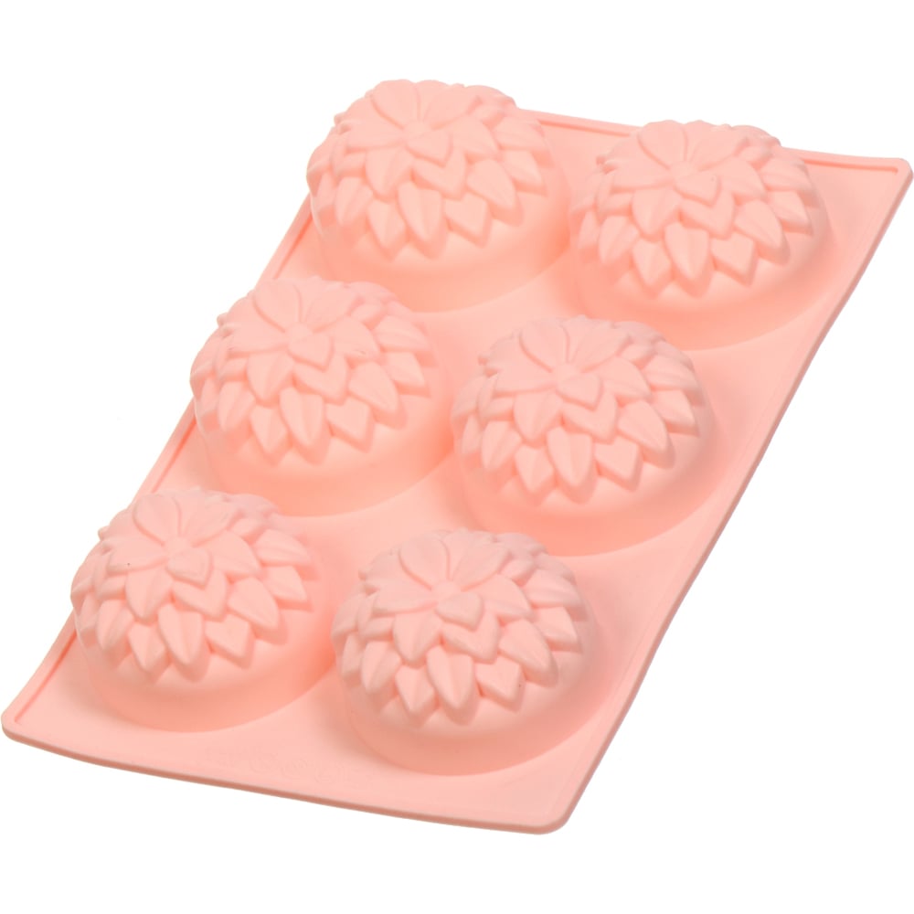 Форма для запекания DANIKS силикон, 17.5x29.5 см, прямоугольная, 6 кексов, розовый, хризантемы ...