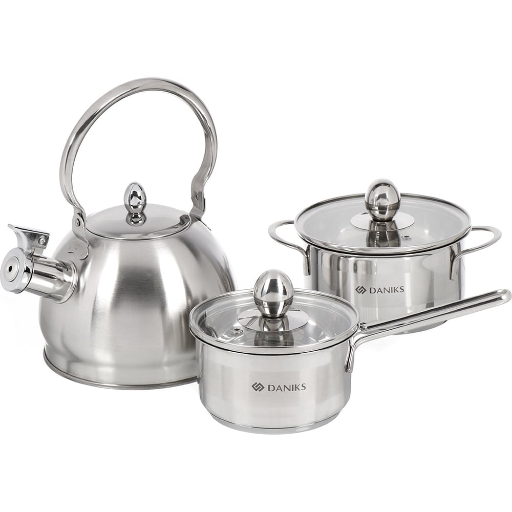 Набор посуды DANIKS нержавеющая сталь, 5 предметов, кастрюля 1 л, ковш 0.8 л, чайник 2 л ...