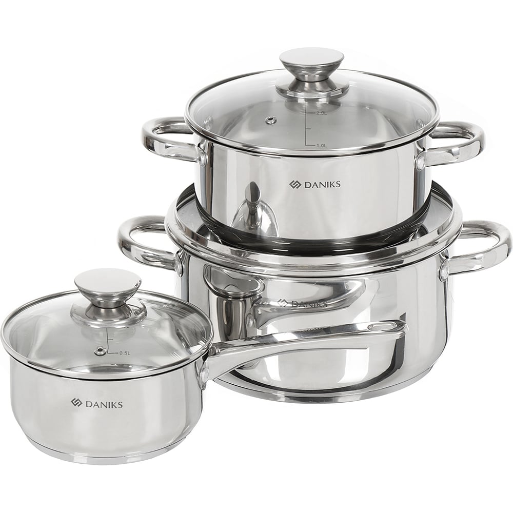 Набор посуды DANIKS нержавеющая сталь, 6 предметов, кастрюли 1.5, 3.1, 5.4 л, индукция, оптима ...