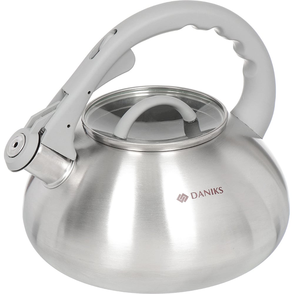 Чайник DANIKS нержавеющая сталь, 3 л, свисток, матовый, логотип меняет цвет, ручка с силиконовым ...