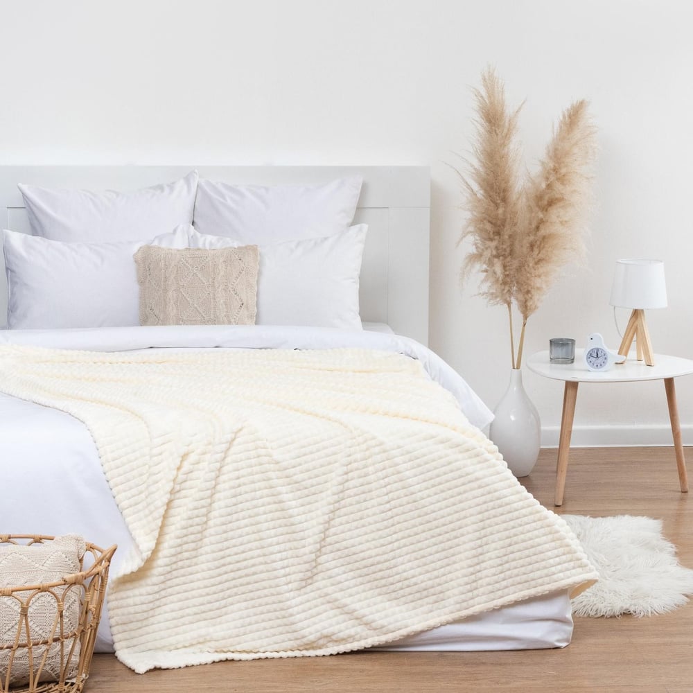 Плед Этель Клетка 150х200 см, молочный, корал-флис, 240 гр/м2, 100% ...