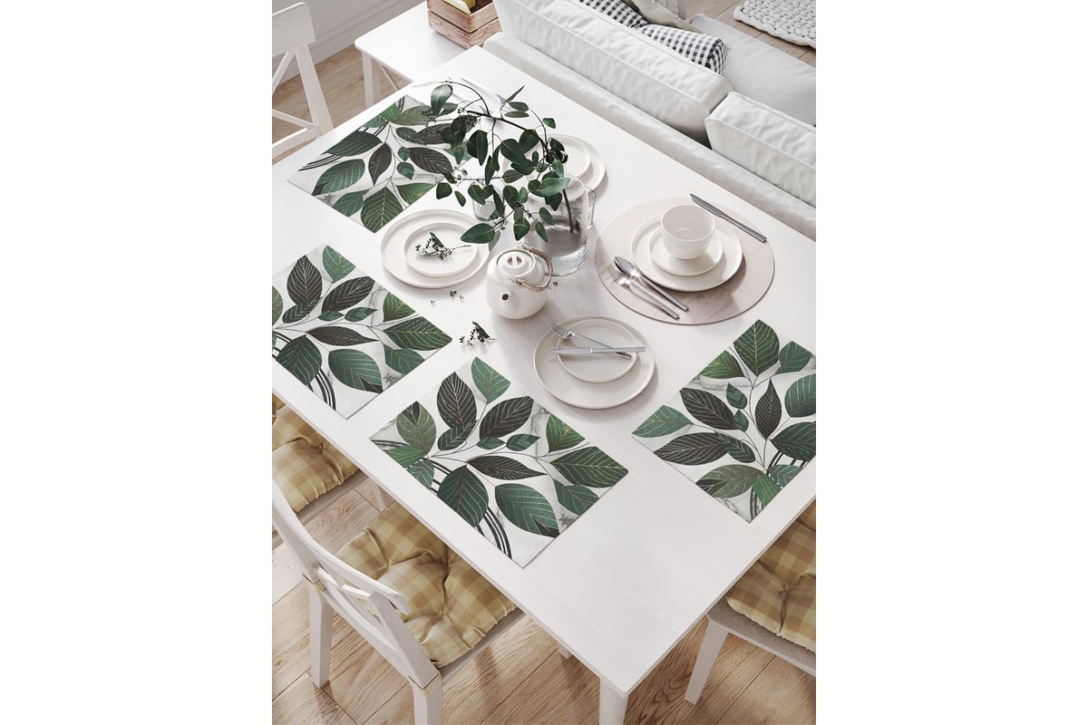 Салфетки на стол для сервировки JOYARTY прямоугольные, плейсмат "Листочки на мраморе", 32x46 см ...
