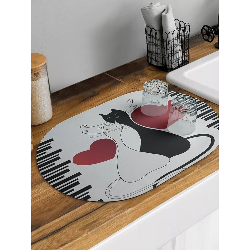 Коврик для сушки посуды, впитывающий для кухни JOYARTY "Коты и любовь" овальный 58x38 см, серия ...