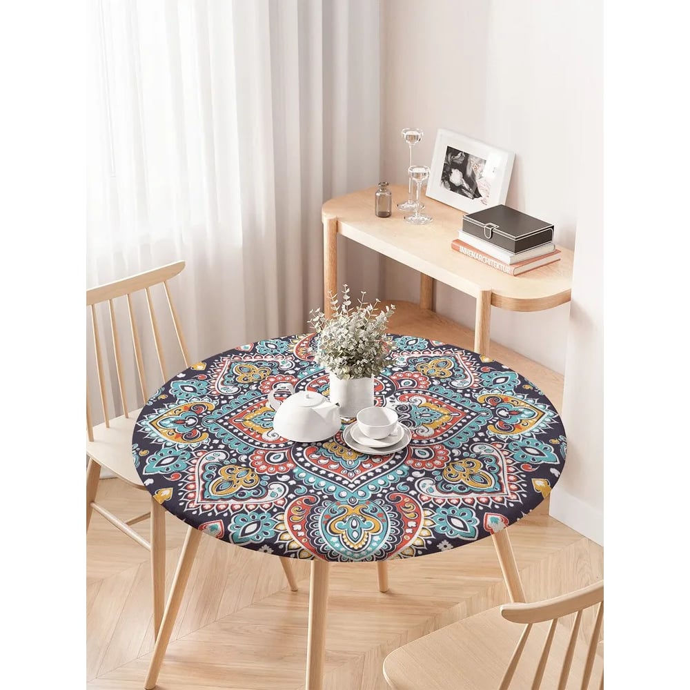 Скатерть на кухонный стол JoyArty Цветочный орнамент, круглая, на резинке, диаметр 75-100 см ...