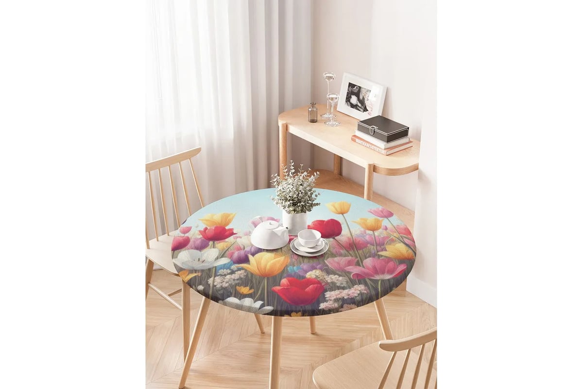 Скатерть на кухонный стол JoyArty Поле цветов, круглая, на резинке, диаметр 75-100 см, серия 8 ...